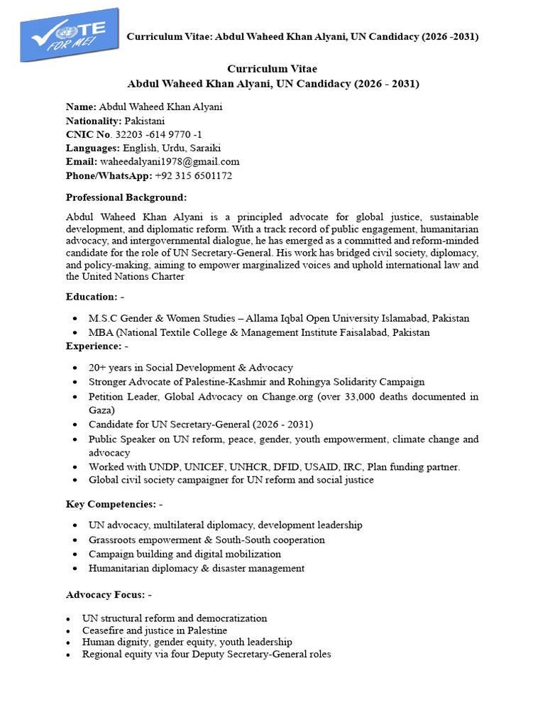 CV - (Abdul Waheed Khan) UN Candidacy (2026 - 2031) Pakistan | PDF | United Nations ...