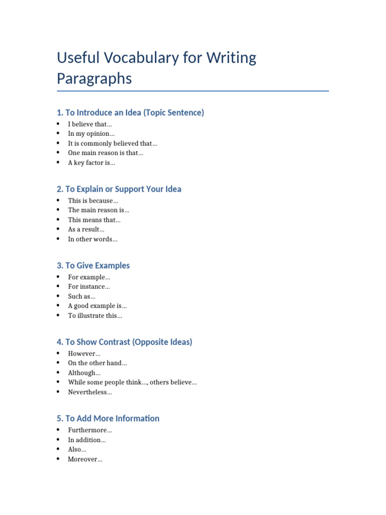 Vocabulary for Paragraph Writing | PDF