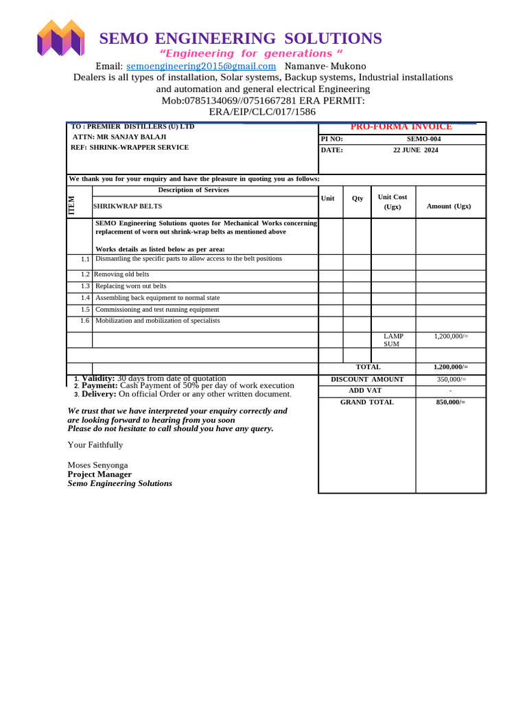 Shrikwrap Belt Replacement Proforma Invoice Premier Distillers Ug LTD | PDF