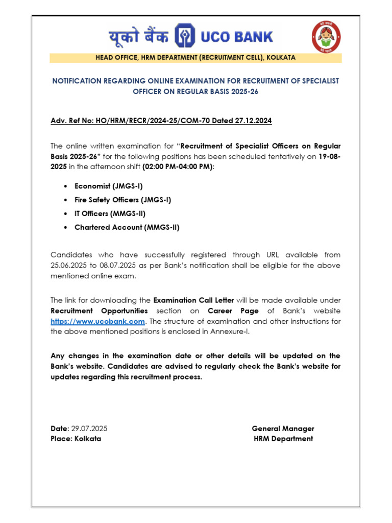 Notice Intimation For Exam Recruitment of Specialists Officers 2025-26 ...