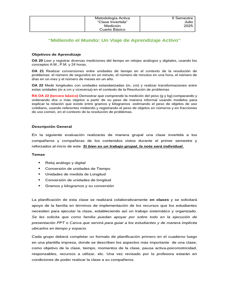 Clase Invertida: Medición en Cuarto Básico | PDF | Comunicación | Kilogramo