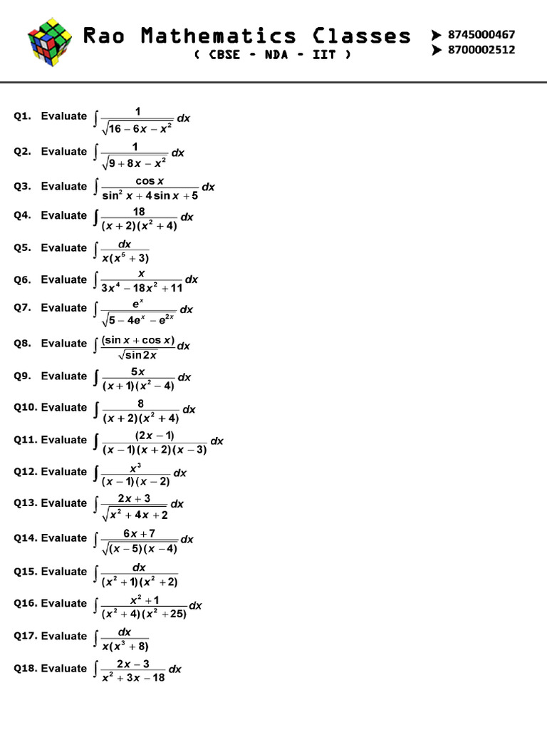 Assignment - Xii - Integration (Partial and Particular) | PDF
