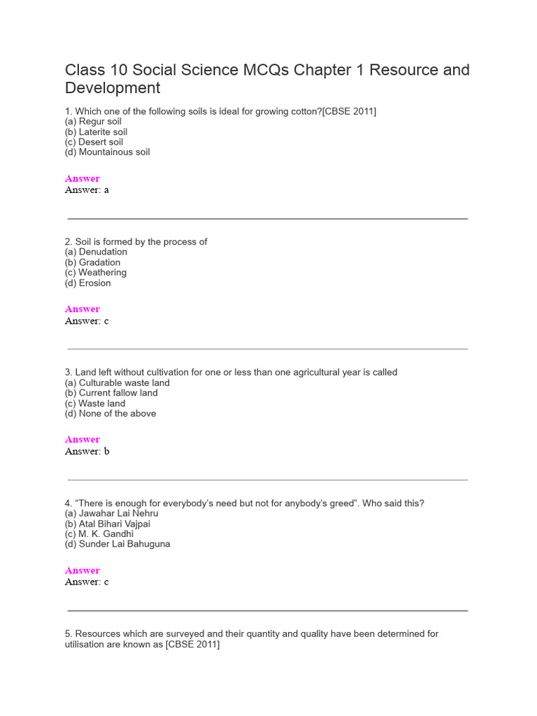 Class 10 Social Science MCQs Chapter 1 Resource and Development.docx | PDF | Soil | Erosion