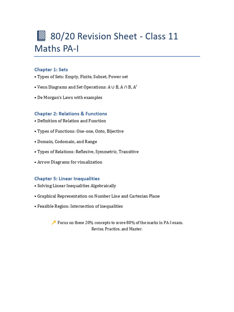 PA1 Maths 8020 Revision Sheet | PDF
