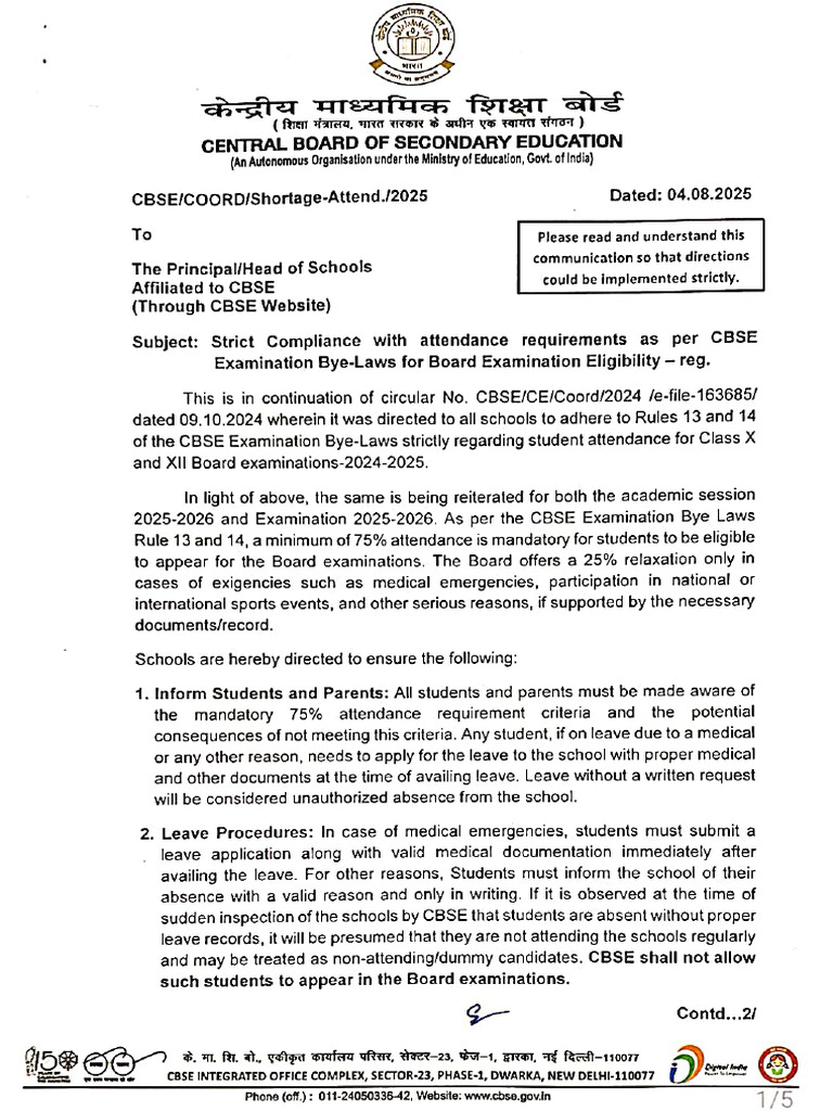 Attendance NOTICE From CBSE | PDF