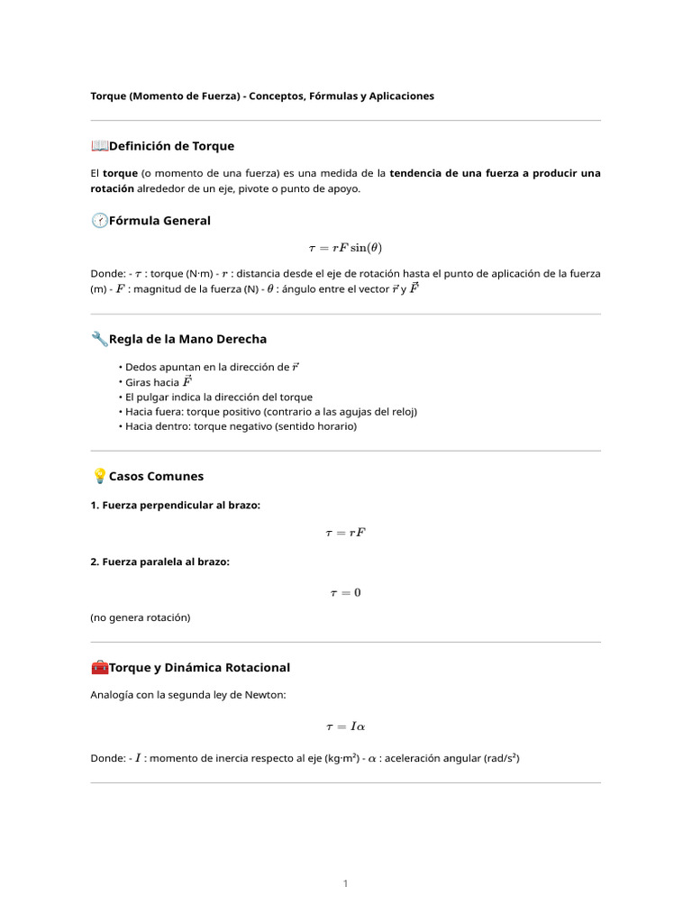 Fórmulas y Conceptos de Torque | PDF | Esfuerzo de torsión | Mecánica