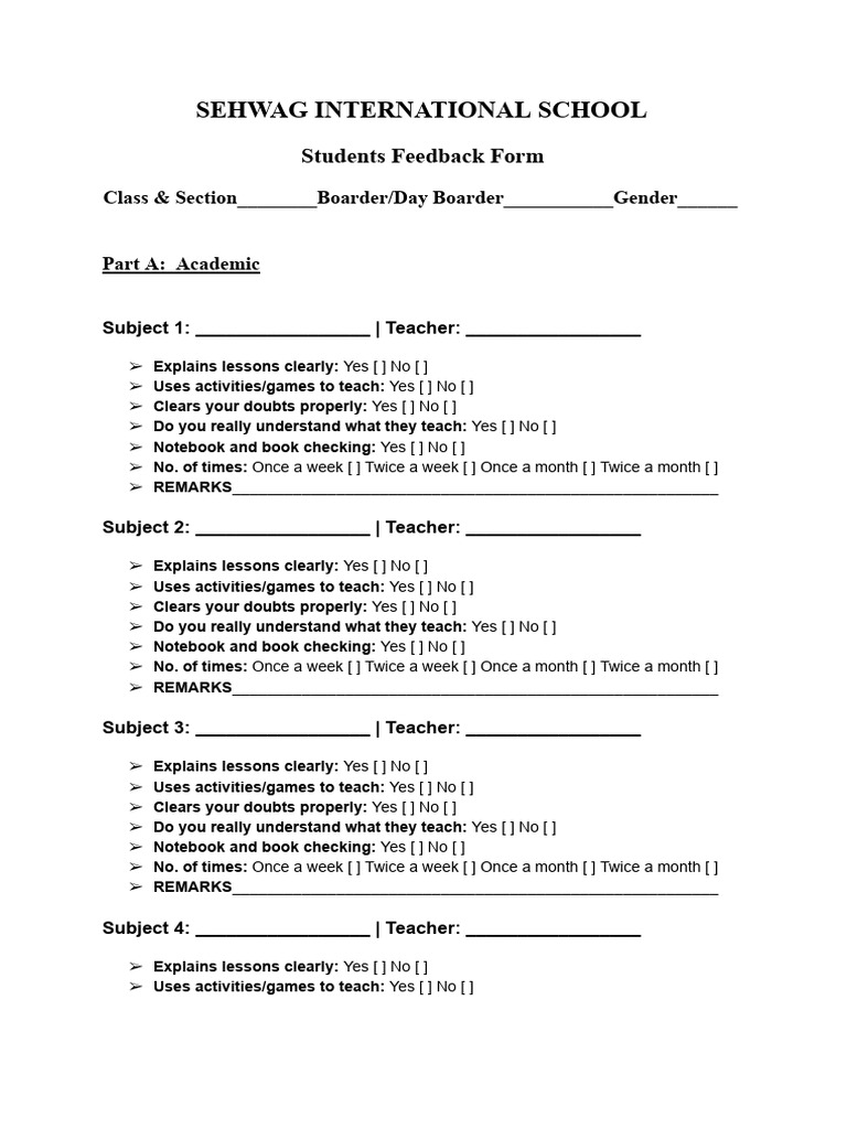 SEHWAG SCHOOL Student Feedback Form | PDF