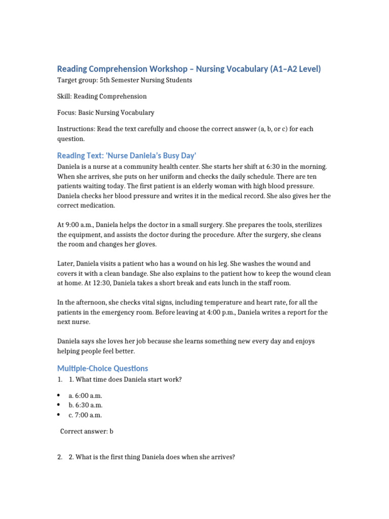 Nursing Vocabulary Reading Workshop | PDF | Reading Comprehension | Nursing
