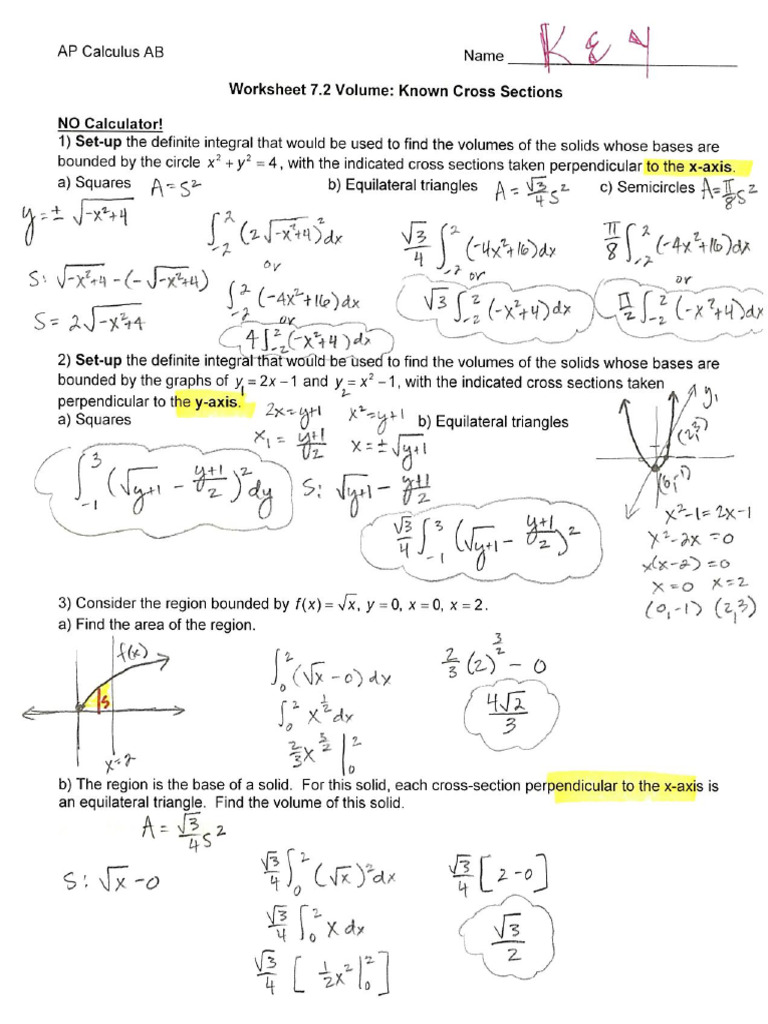 Worksheet Unit 8 - 7.2 Volume With Known Cross Sections KEY | PDF
