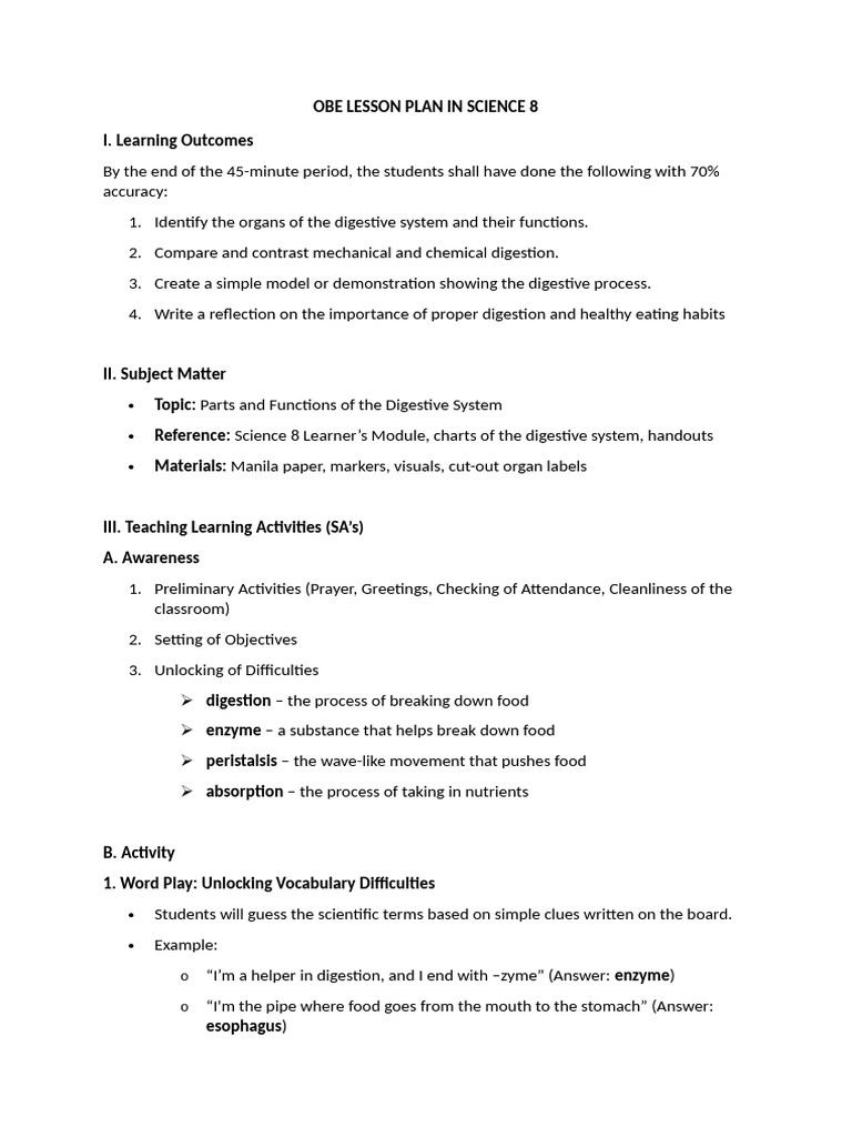 Science 8 Digestive System Lesson Plan | PDF | Digestion | Human ...