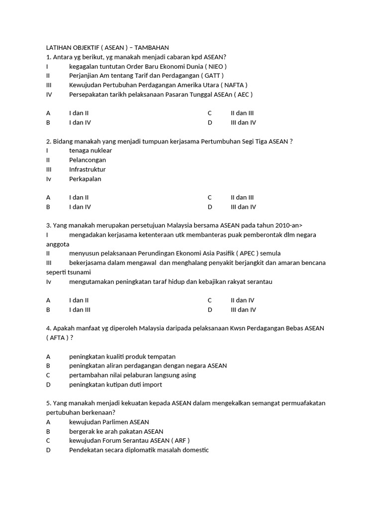 LATIHAN OBJEKTIF Asean Terkini | PDF