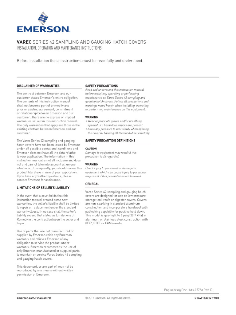 Varec Series 42 Hatch Instructions | PDF | Screw