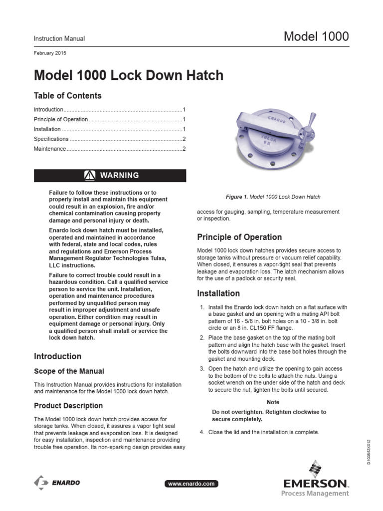 Model 1000 Lock Down Hatch Manual | PDF | Mechanical Engineering