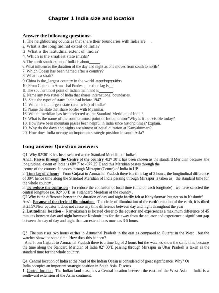 Chapter 1 India Size and Location Ques Ans | PDF | Equator