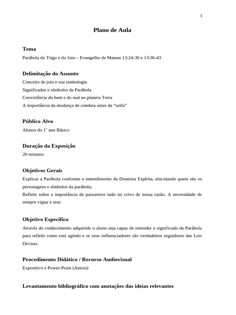 Plano de Aula - Parábola Do Trigo e Do Joio | PDF | Jesus | Trigo