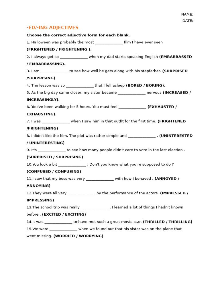 ED ING Adjectives Worksheet | PDF