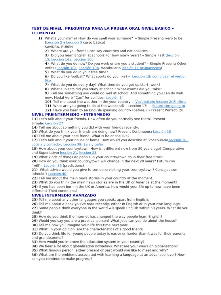 English Speaking Level Test Questions | PDF | Grammar | Syntax