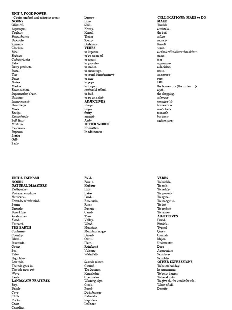 Unit 7. Food Power Nouns Collocations: Make Vs Do Make | PDF