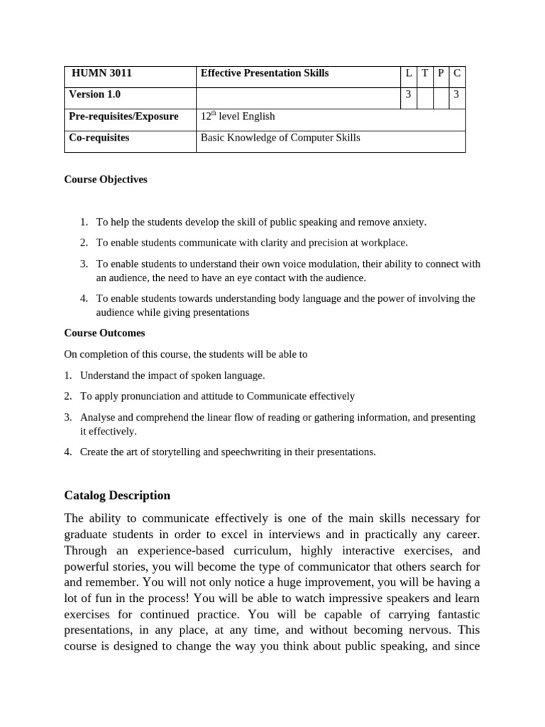 Course Plan Effective Presentation Skills | PDF | Public Speaking ...