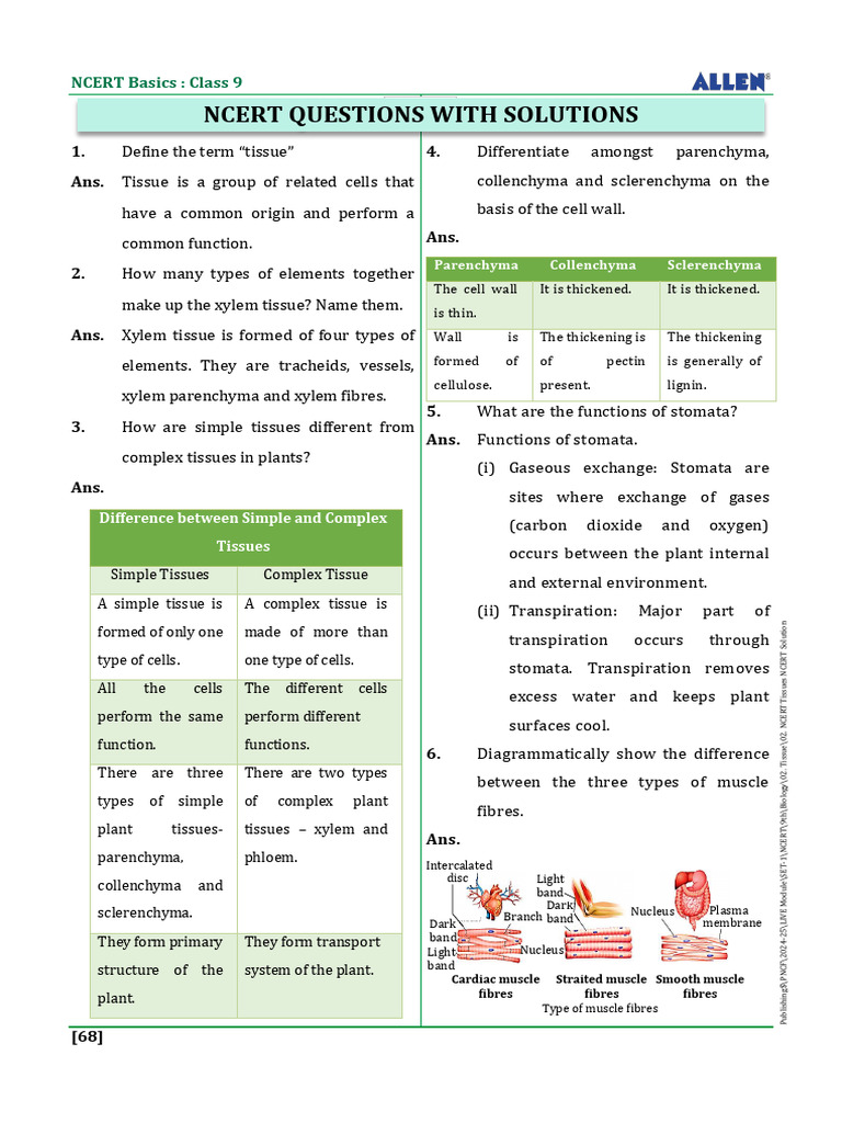 NCERT Solutions for Class 9 Tissues | PDF | Tissue (Biology) | Muscle