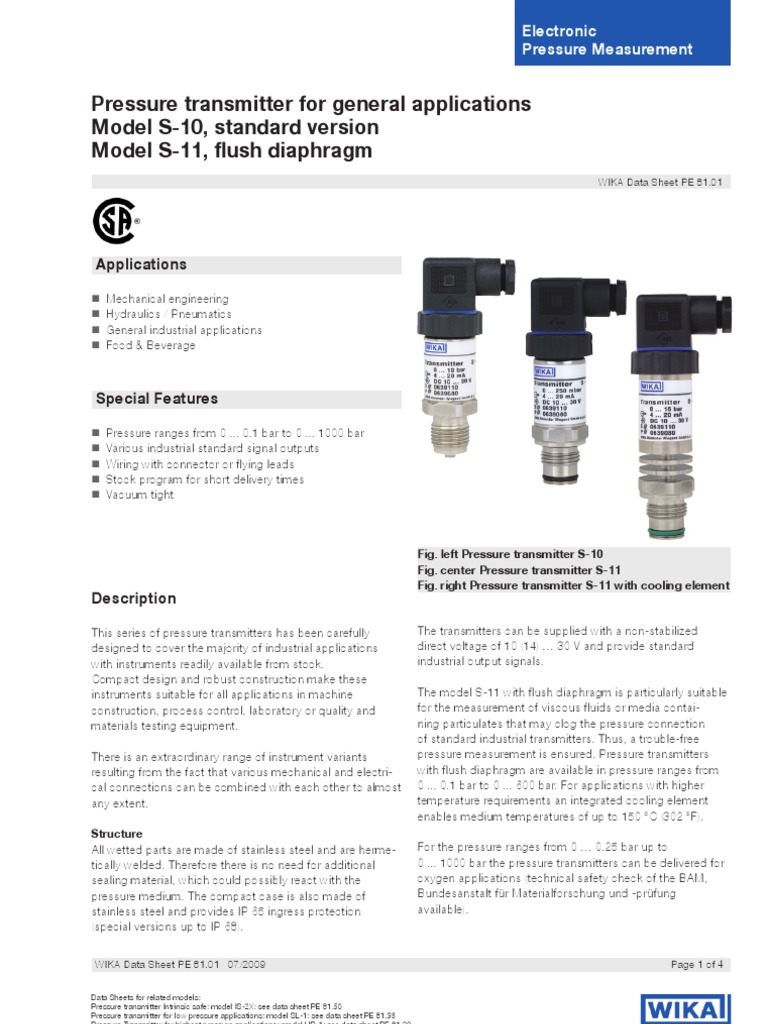 Wika Pressure Sensor | PDF | Electrical Connector | Pressure Measurement