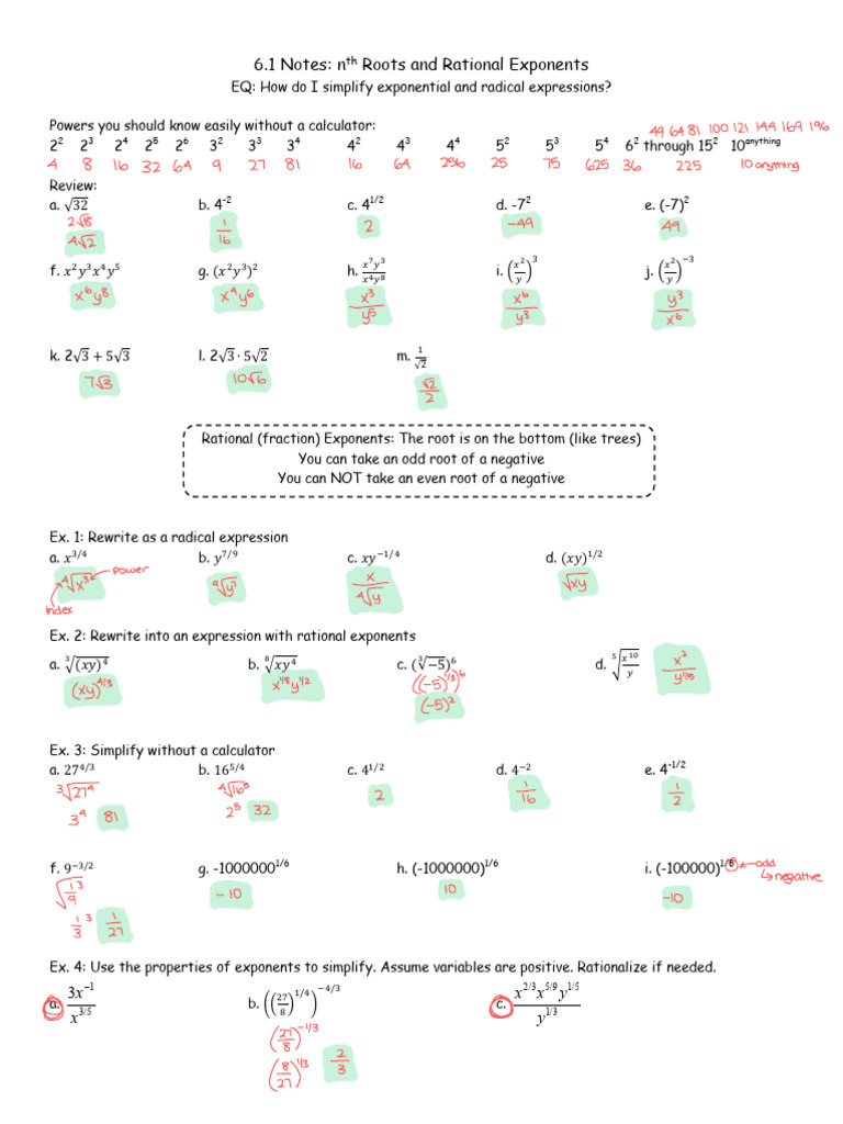 7.2 Notes Rational Exponents and Radicals | PDF | Exponentiation ...