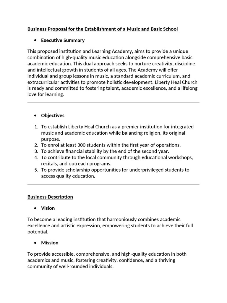 Business Proposal For The Establishment of A Music and Basic School ...