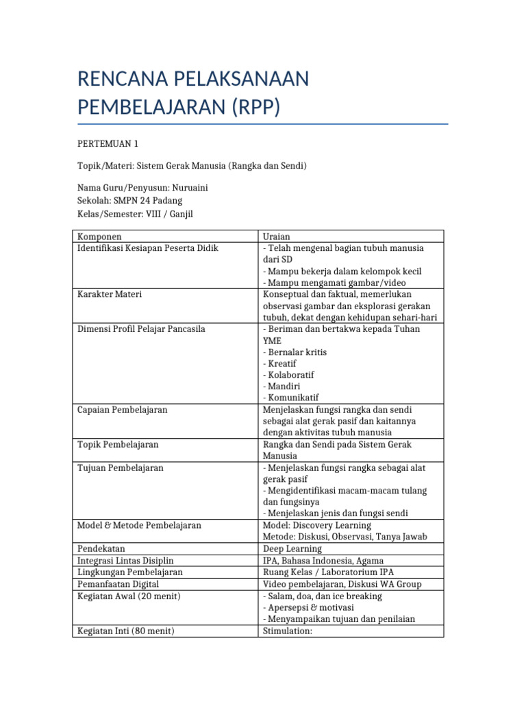 RPP Tabel Pertemuan1 Sistem Gerak Manusia | PDF