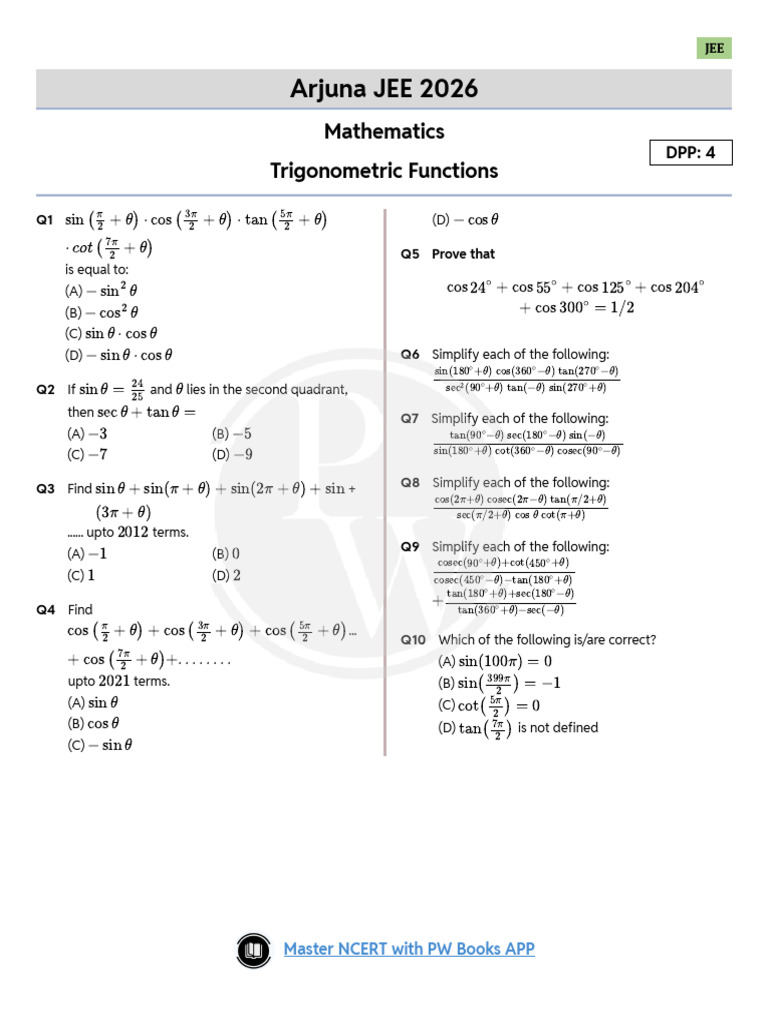 Trigonometric Functions DPP 04 (Of Lec 06) | PDF | Trigonometric Functions | Mathematical Relations