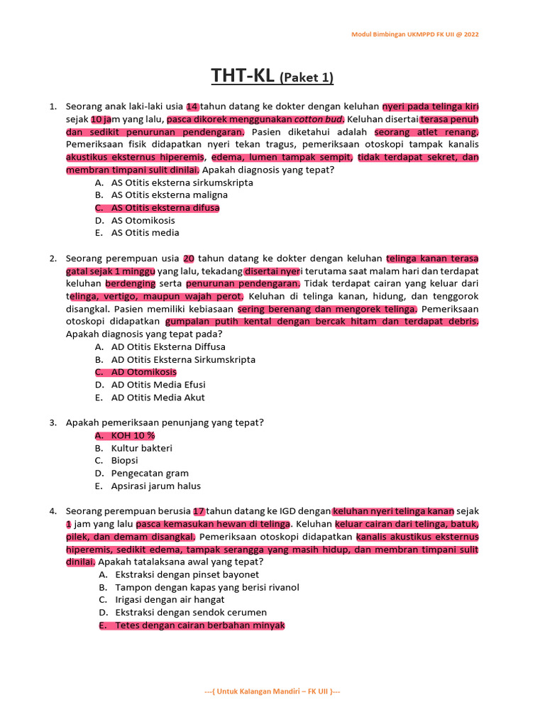 Modul Soal Bimbingan UKMPPD 2022 FK UII - THTKL - Tanpa Kunci - A | PDF