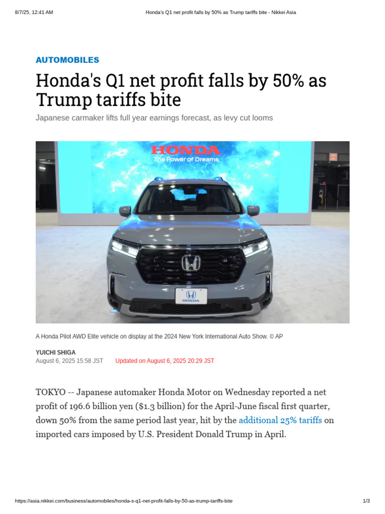 Honda's Q1 Net Profit Falls by 50% As Trump Tariffs Bite - Nikkei Asia ...