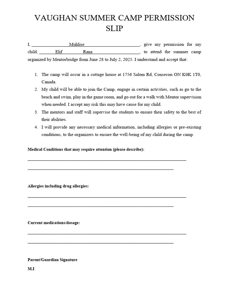 HS Summer Camp Permission Slip | PDF