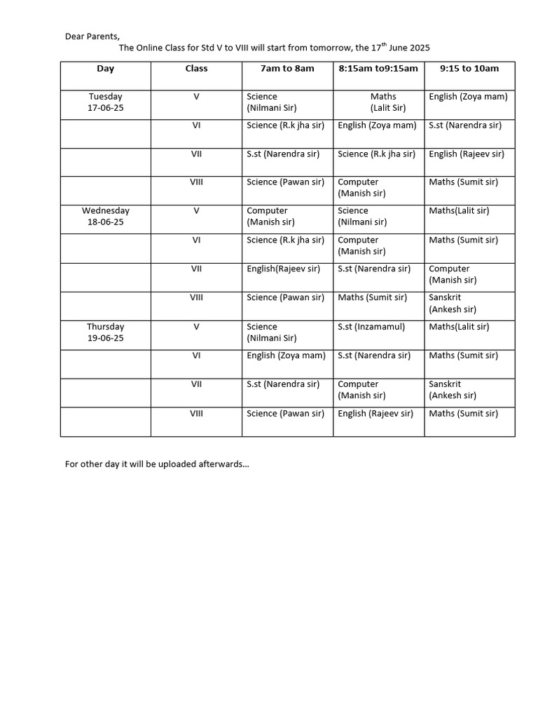 Online Class Schedule for Std V-VIII | PDF