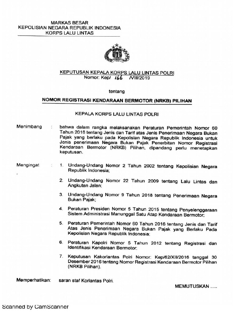 Keputusan Kakorlantas Nomor Kep 166 Viii 2019 Tentang NRKB Pilihan | PDF