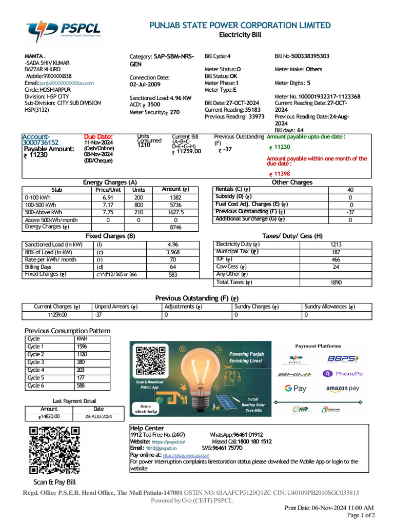 PSEB Electricity Bill Summary | PDF | Electric Power | Power (Physics)