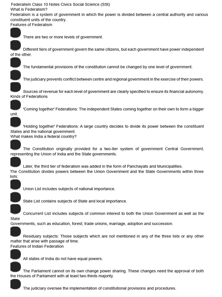 Federalism Class 10 Notes - 034651 | PDF | Government Of India | Federalism