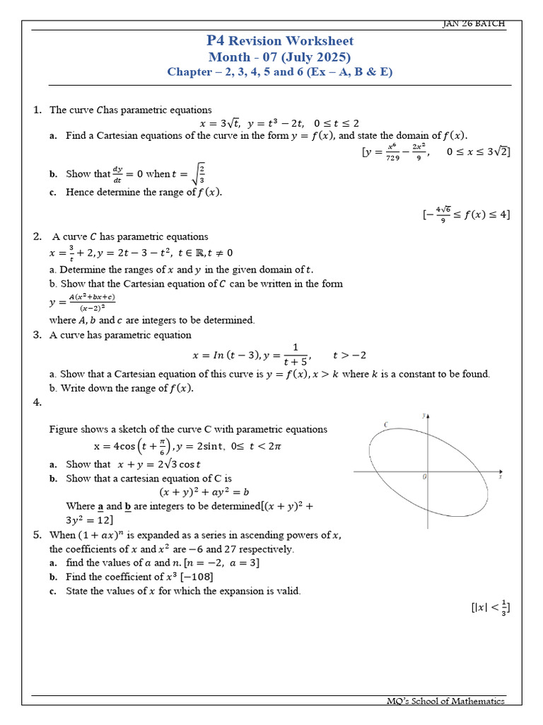 Pure Mathematics 4 REVISION WORKSHEET | PDF | Equations | Mathematical ...
