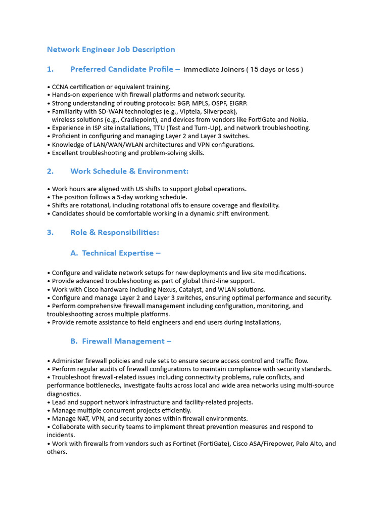 Network Engineer Job Description | PDF | Computer Network | Firewall (Computing)