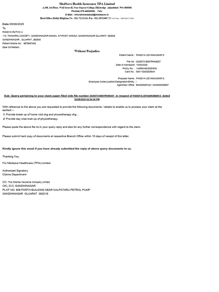 MedSave Claim Document Request | PDF