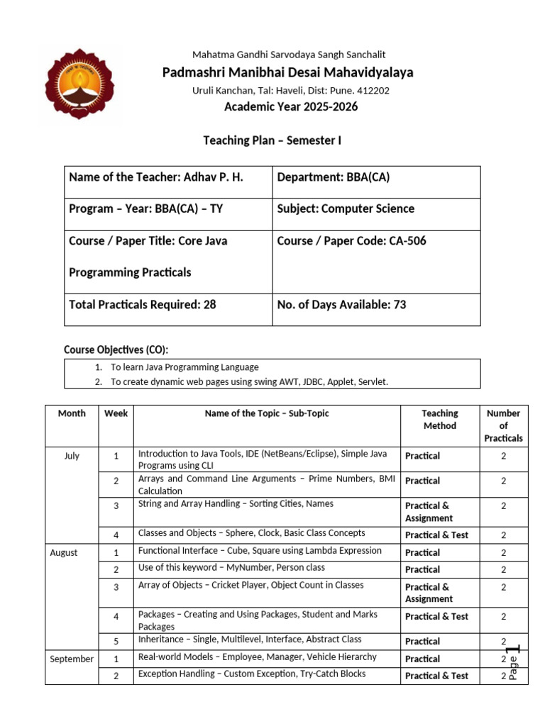 Core Java Practicals Teaching Plan | PDF | Class (Computer Programming ...