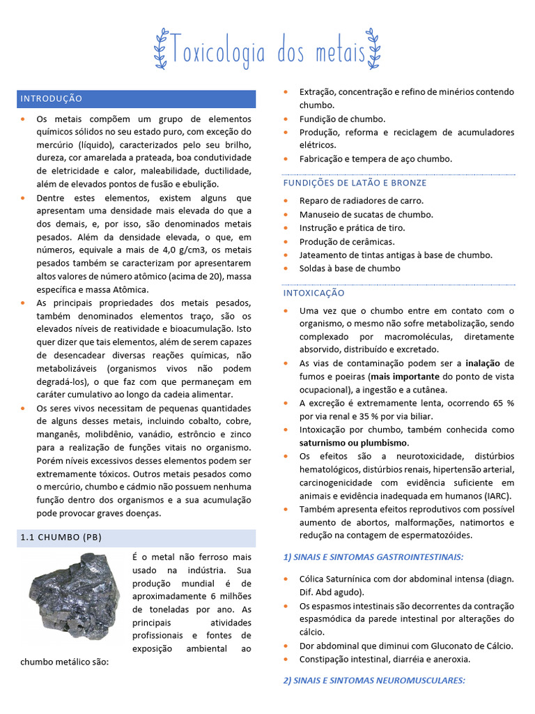 Toxicidade de Metais Pesados e Efeitos | PDF | Cádmio | Mercúrio (elemento)
