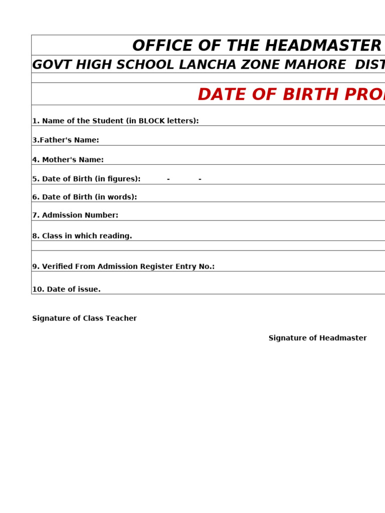 Date of Birth Proforma: Office of The Headmaster | PDF
