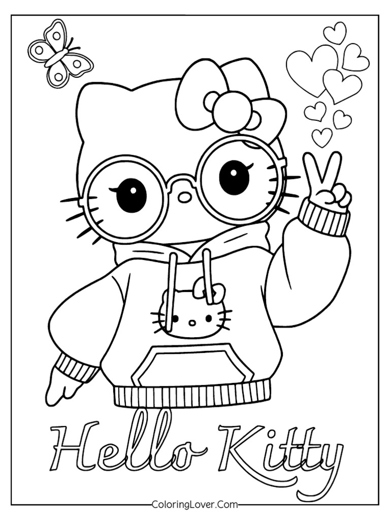 Hello Kitty in Glasses Making Peace Sign With Hearts and Butterfly ...