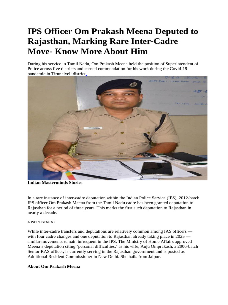 IPS Officer Om Prakash Meena Deputed to Rajasthan | PDF