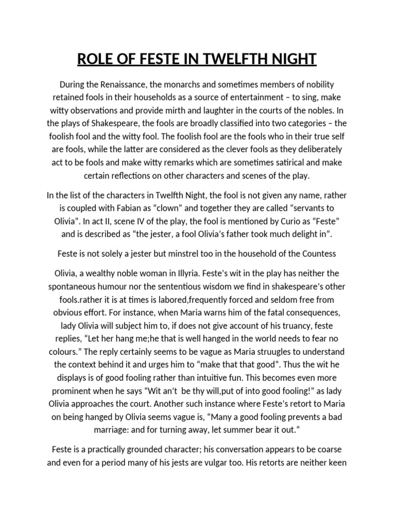 ROLE OF FESTE IN TWELFTH NIGHT | PDF | Jester | Twelfth Night