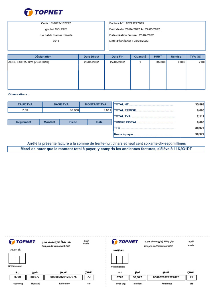 Facture ADSL EXTRA 12M - Mai 2022 | PDF | Impôts