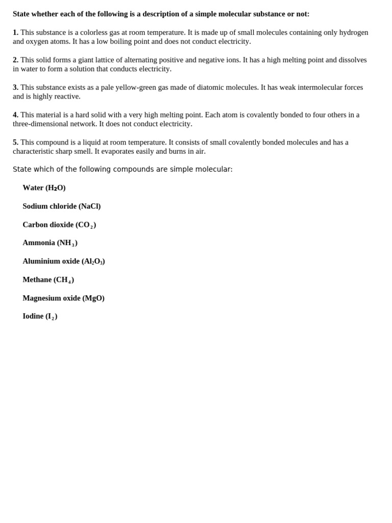 Day 18 - Simple Molecular Substances Boardwork | PDF