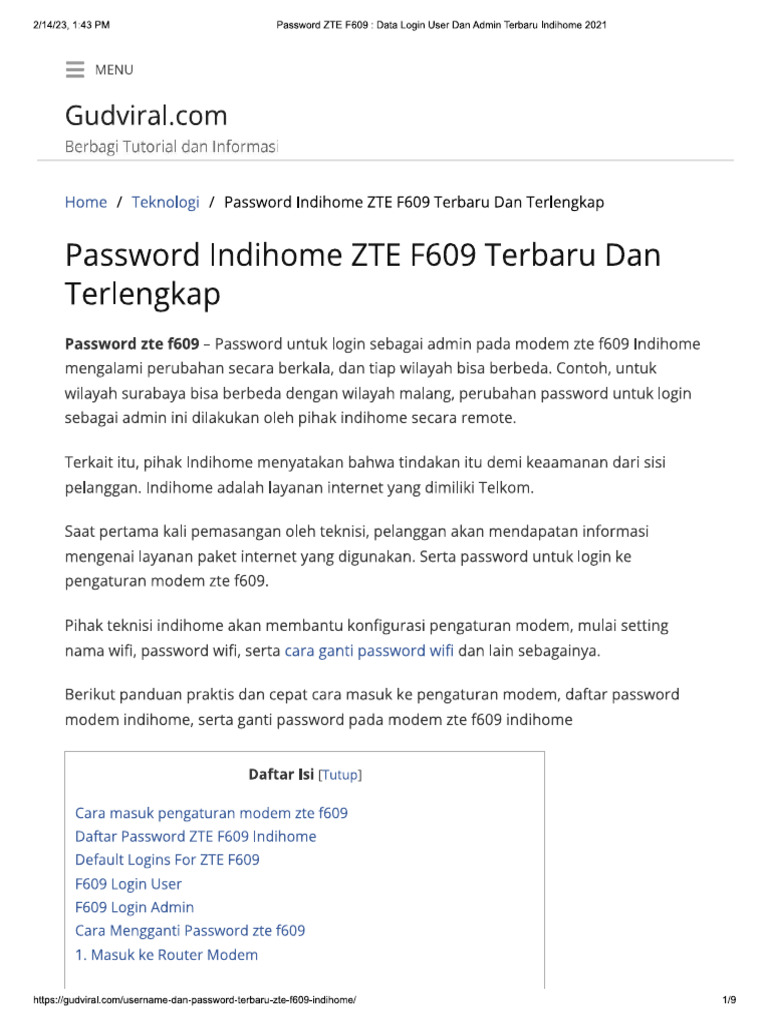 Password ZTE F609 - Data Login User Dan Admin Terbaru Indihome 2021 | PDF