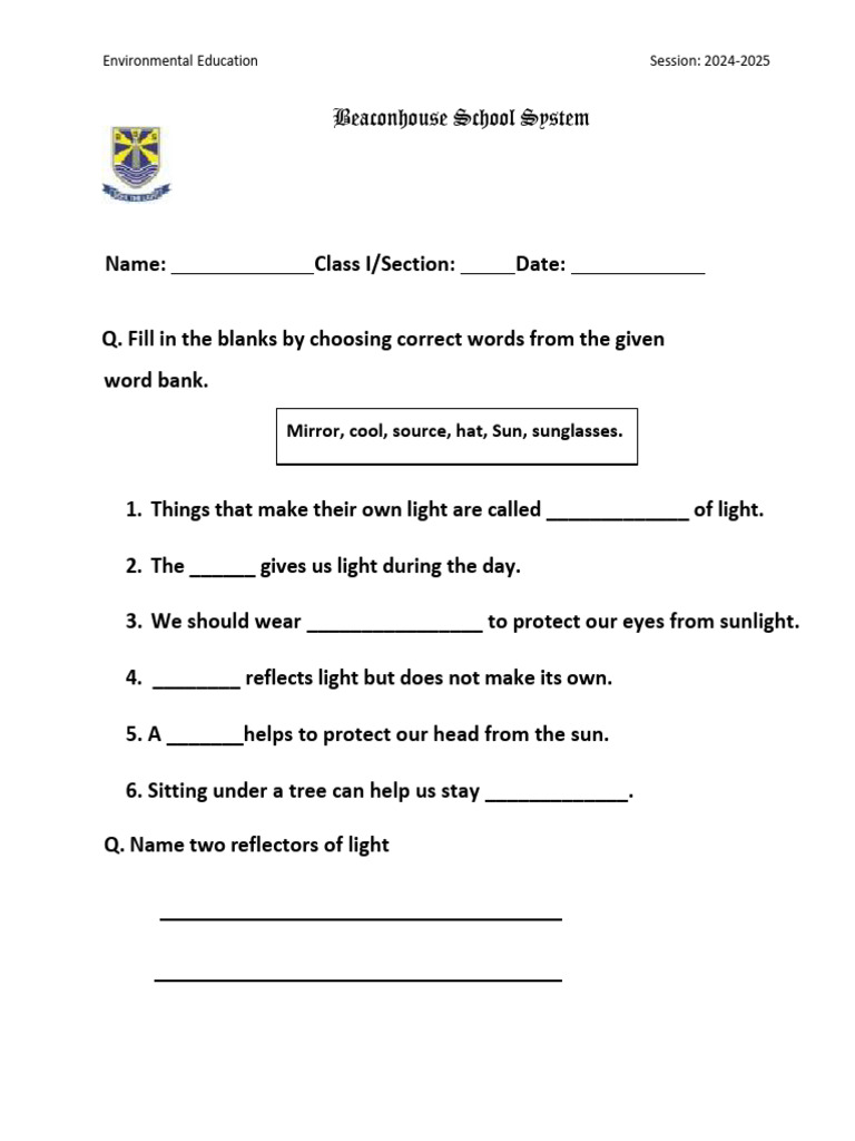 Environmental Education's Reinforcement Sheets 4th CATs | PDF | Light