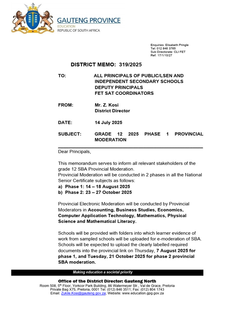 2025 Grade 12 SBA Moderation Memo | PDF